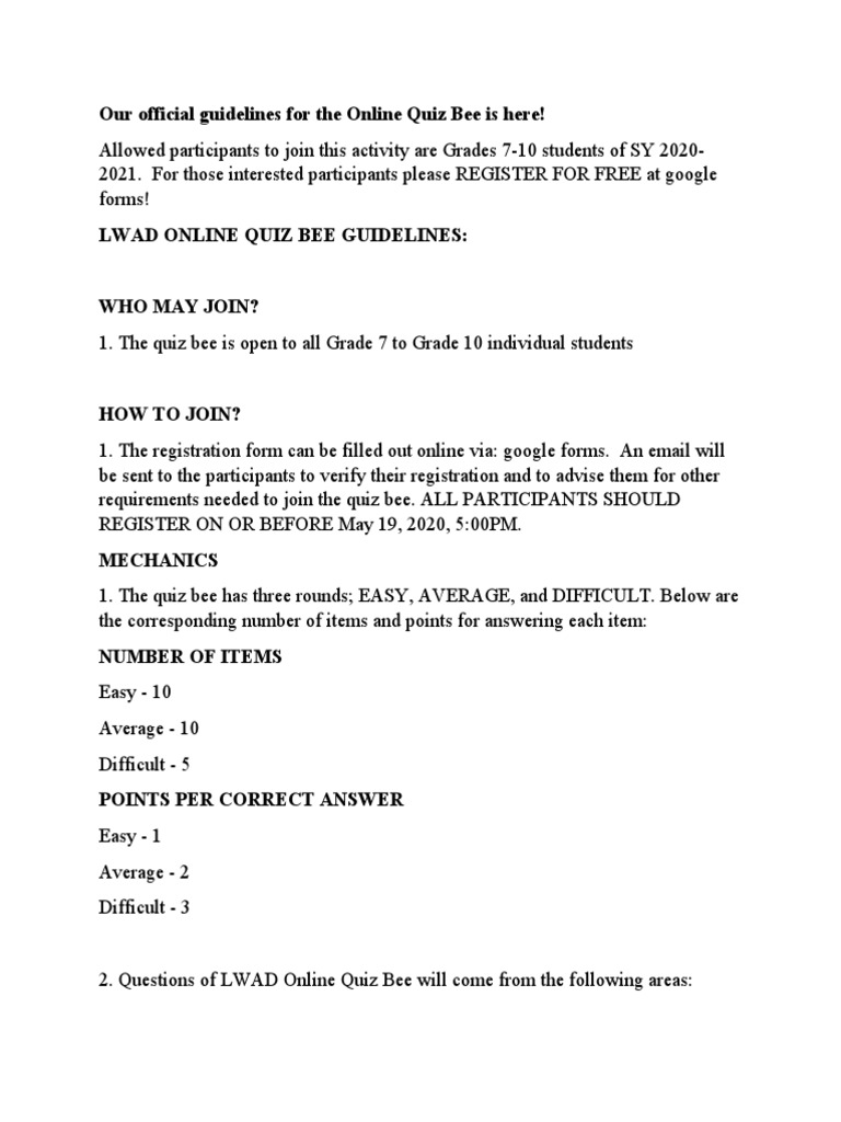 Our Official Guidelines For The Online Quiz Bee Is Here | PDF