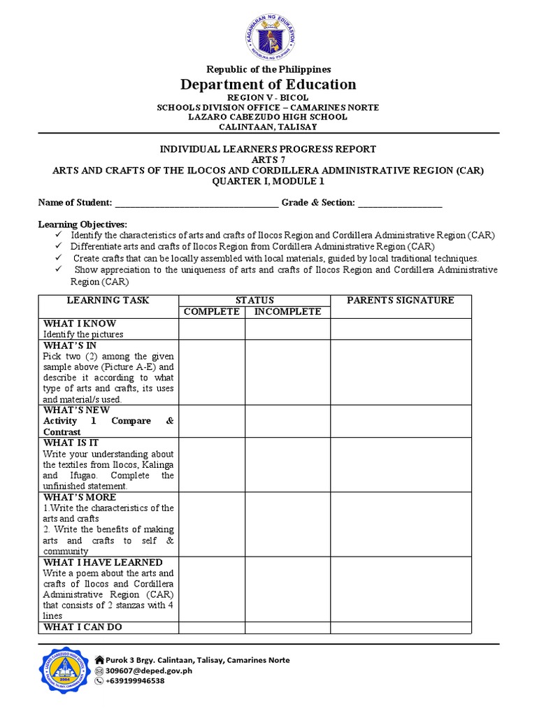 Grade 7-Q1-Arts-Learners Progress Report | PDF | Learning | Pottery