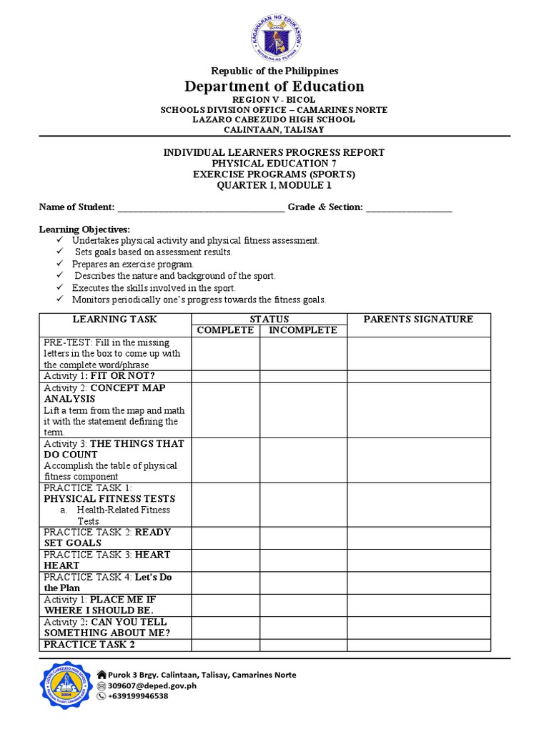 Grade 7-Q1-P.e-Learners Progress Report | PDF | Learning | Communication