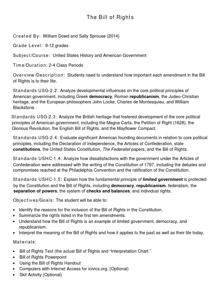 Bill of Rights Lesson Plan - 9 To 12 | Download Free PDF | Constitution ...