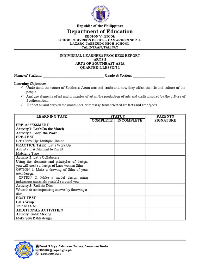 Grade 8-Q1-Arts-Learners Progress Report | PDF | Neuropsychological ...