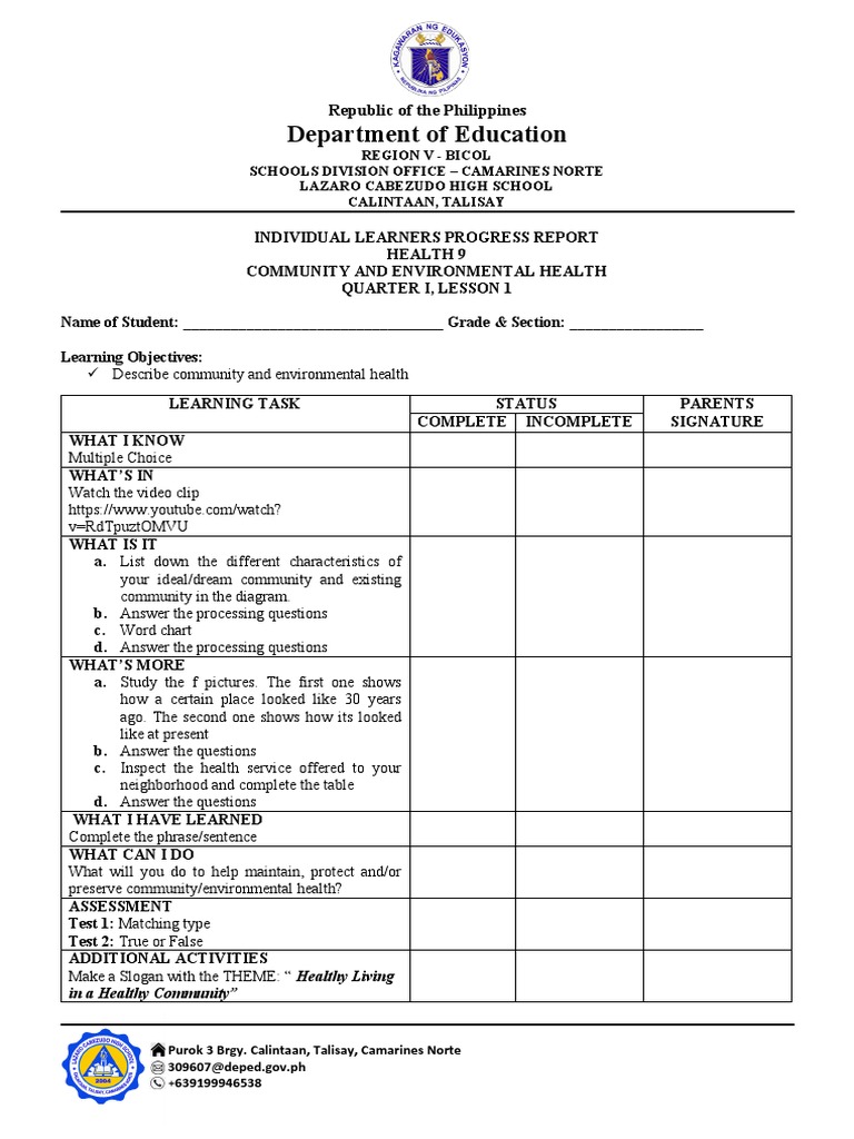 Grade 9-Q1-Health-Learners Progress Report | PDF | Multiple Choice ...