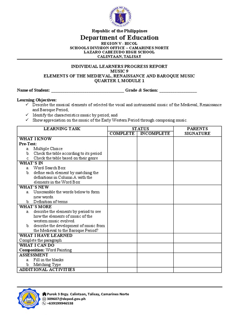 Grade 9-Q1-Music-Learners Progress Report | PDF | Composers | Baroque Music