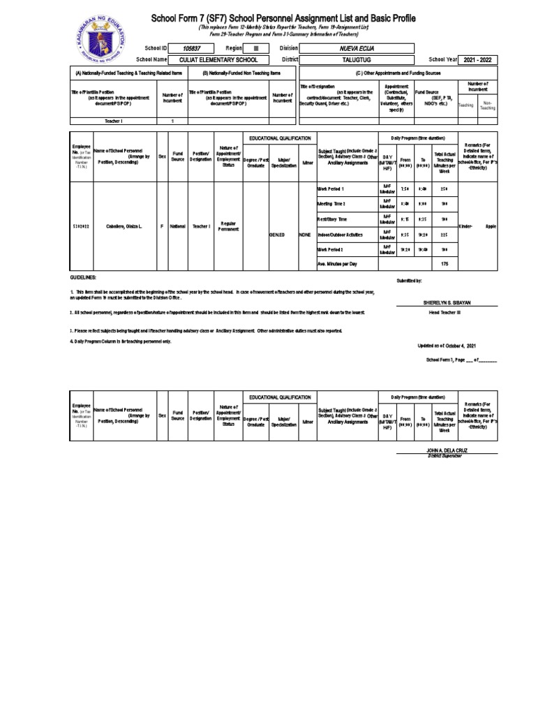 School Form 7 (SF7) School Personnel Assignment List and Basic Profile ...