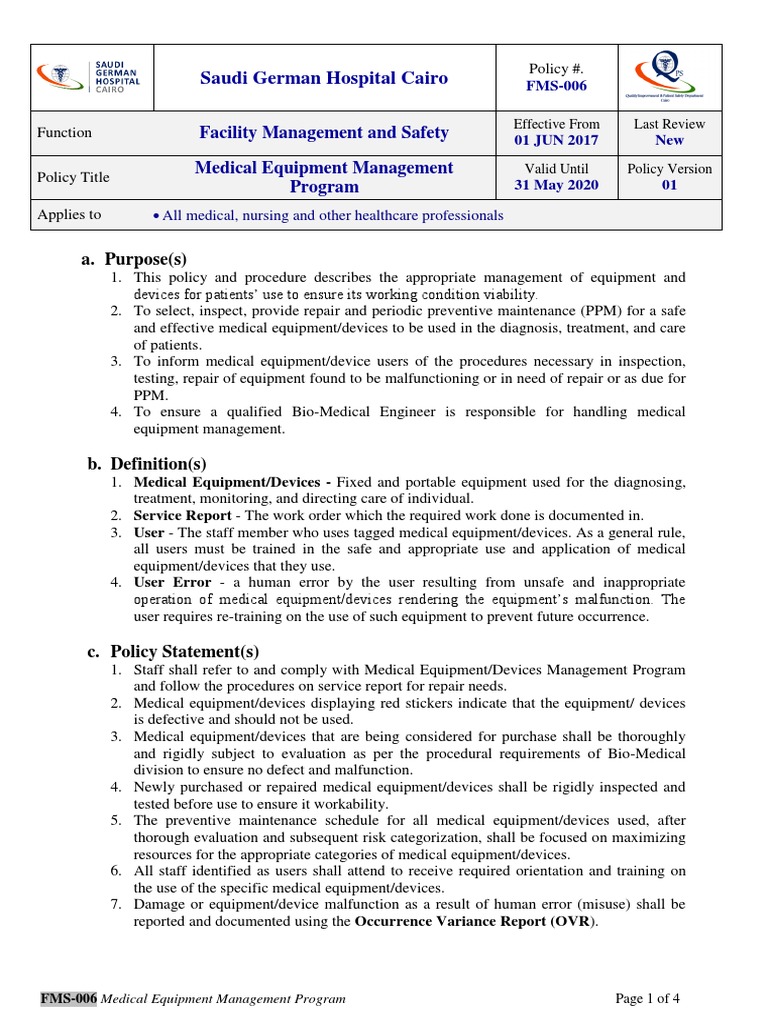 FMS 006-Medical Equipment Management Program | PDF | Medical Device ...