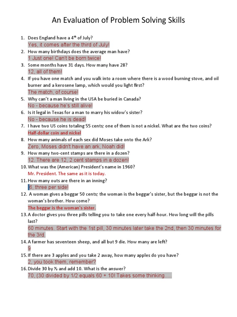 An Evaluation of Problem Solving Skill-Answer Key | PDF
