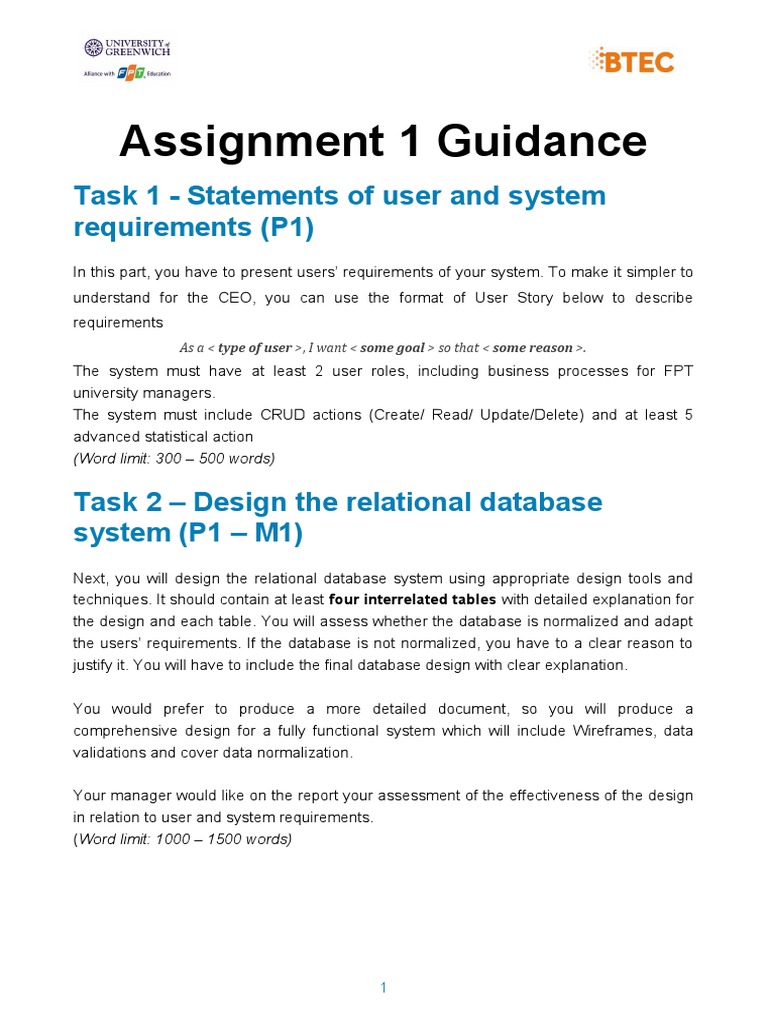 Assignment 1 Guidance: Task 1 - Statements of User and System Requirements (P1) | PDF