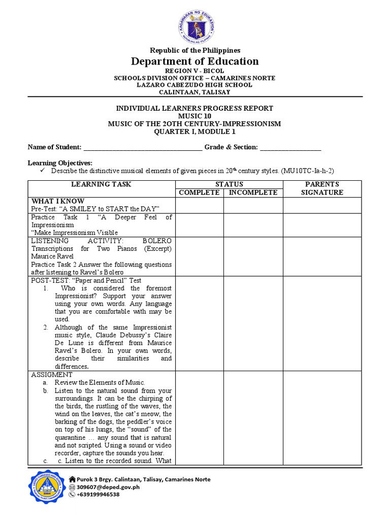 Grade 10 Q1-Music-Learners Progress Report | PDF | Musical Compositions ...