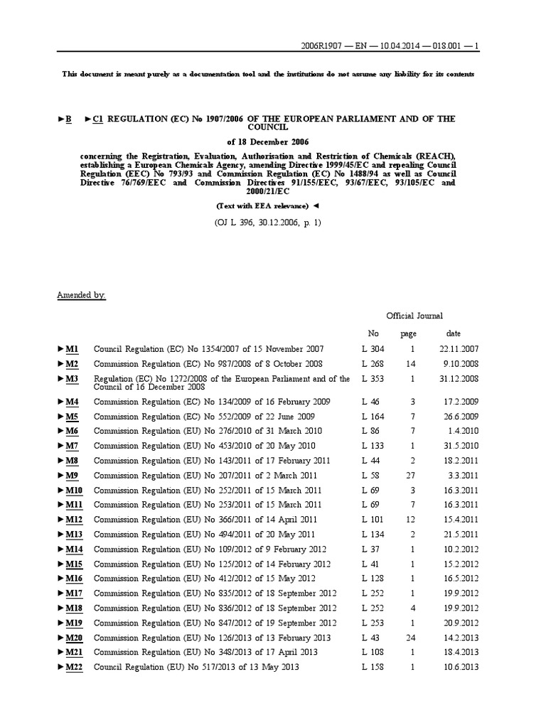 Regulation (EC) REACH 2006-1907 | PDF | Risk | European Union