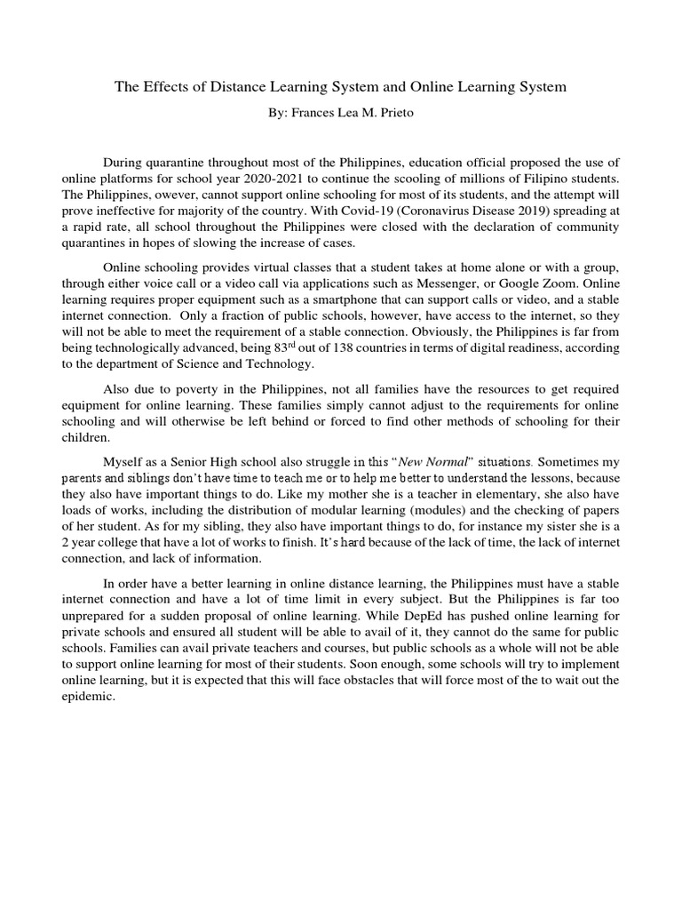 Position Paper - The Effects of Distance Learning System and Online ...