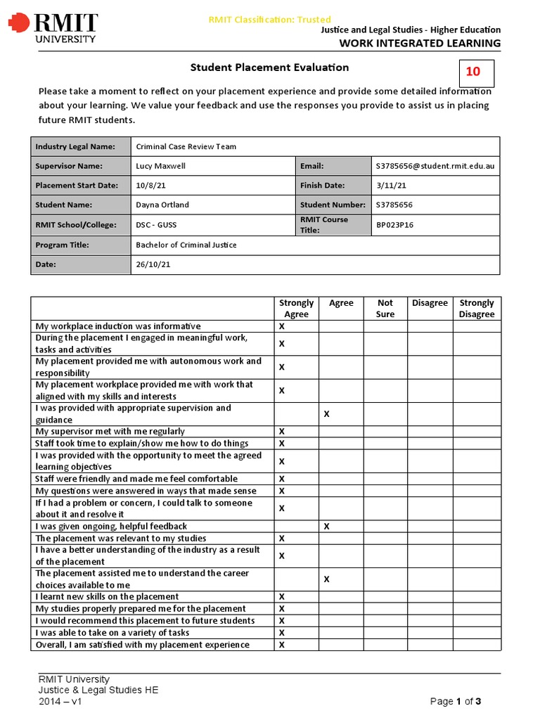Work Integrated Learning Student Placement Evaluation: RMIT ...