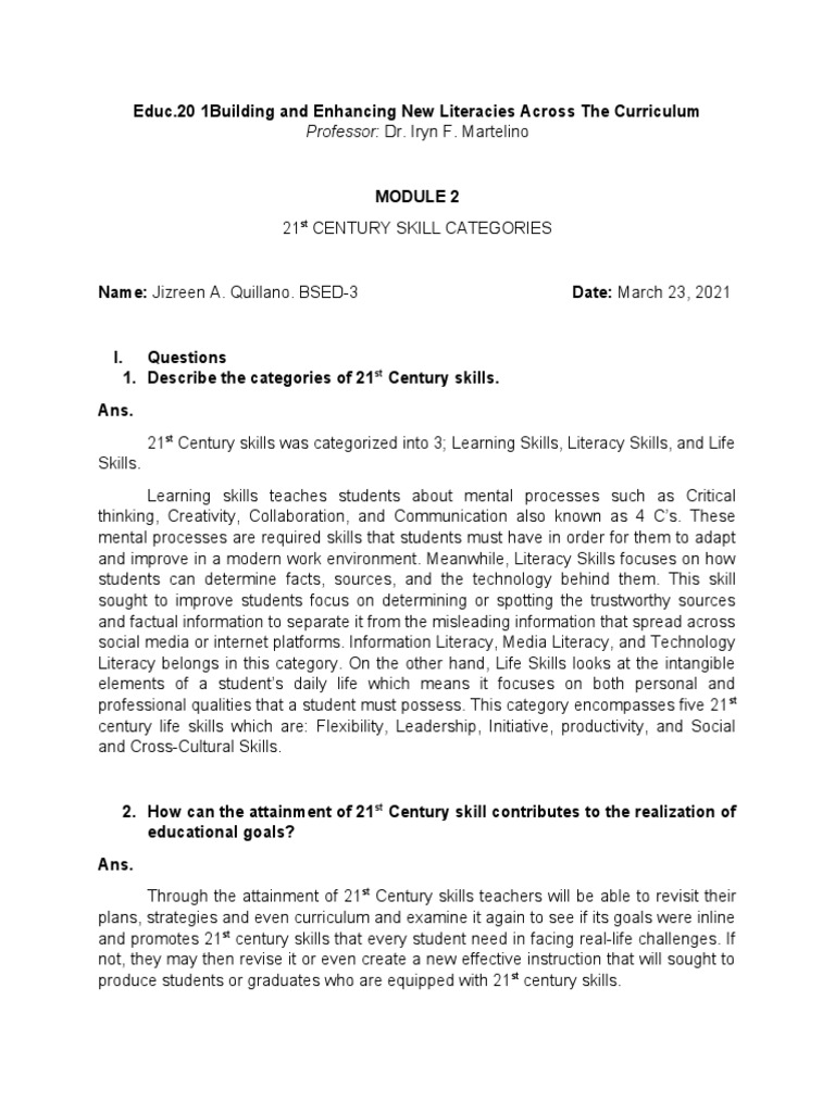 Module 2 - Jizreen A.Quillano. BSED-3 | PDF | Curriculum | Literacy