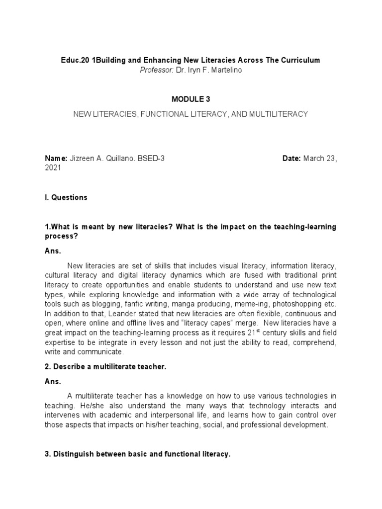 Module 3 - Jizreen A.quillano. BSED-3 | PDF | Literacy | Teachers