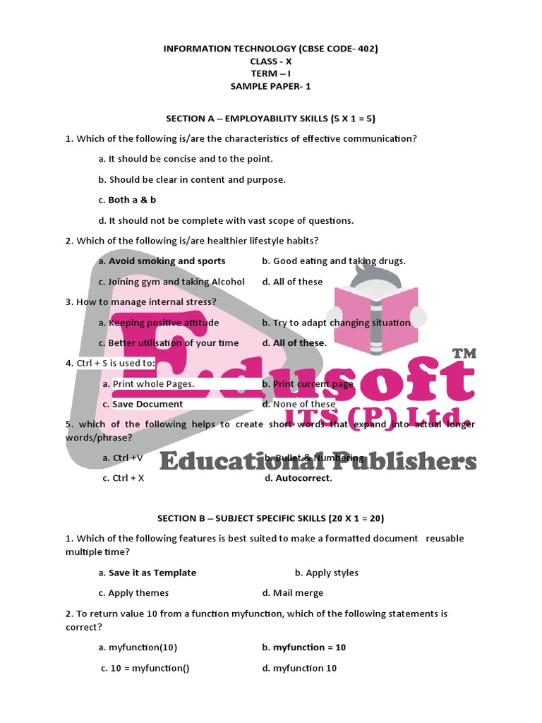 Class X - 402, Sample Paper - 1 | PDF | Databases | Spreadsheet