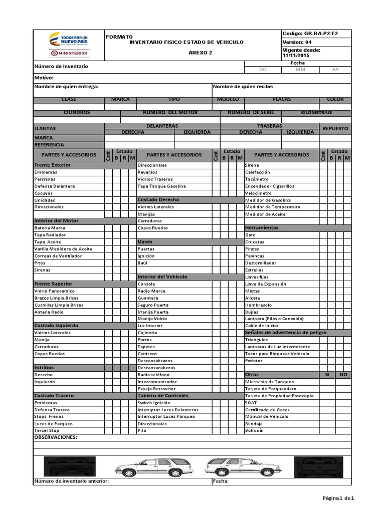 Codigo: GR-RA-P2-F2 Formato Inventario Fisico Estado de Vehiculo Anexo 2 Vigente Desde: 11/11 ...