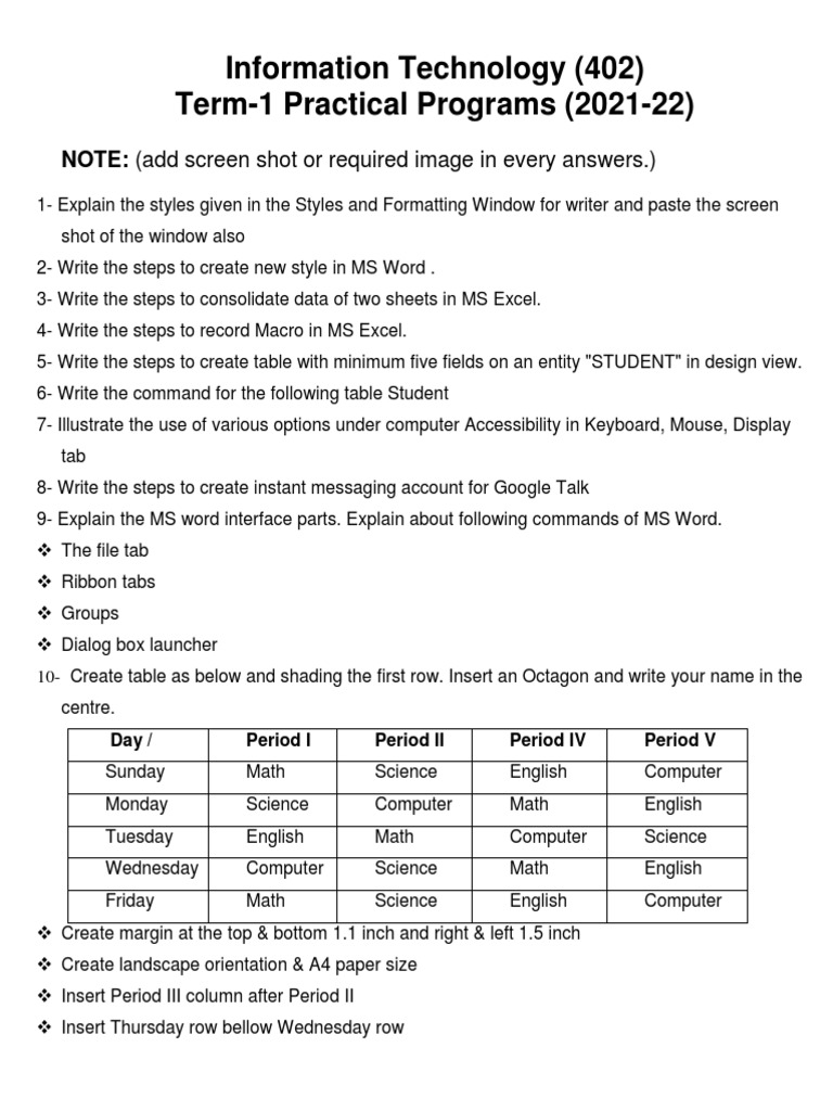 Term1-10 - Practical Questions List - NEW | PDF | Microsoft Word ...