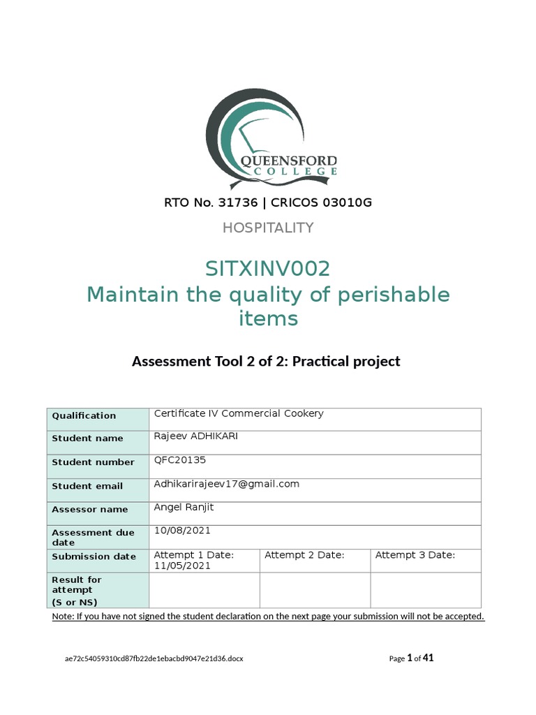 SITXINV002 AT2 of 2 Shiva Baral Sub1 | PDF | Shelf Life | Refrigerator