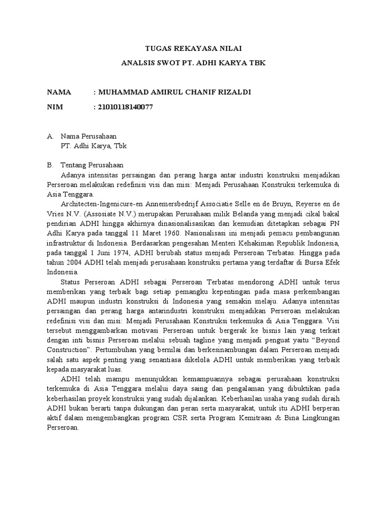 Tugas Individu SWOT - Muhammad Amirul CR - 21010118140077 | PDF | Bisnis | Teknologi & Rekayasa