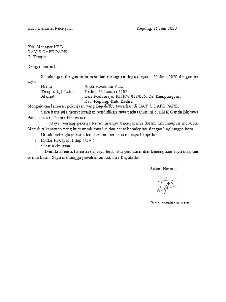 Lamaran Pekerjaan Rizki di Day's Cafe | PDF