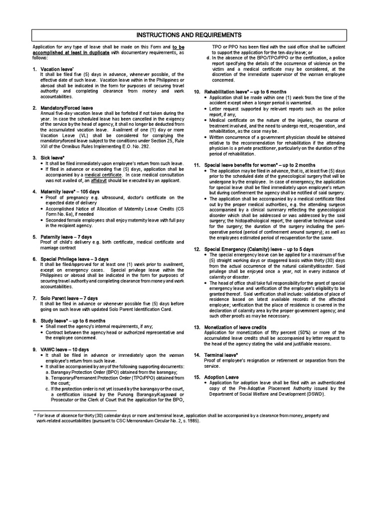 CS Form No. 6 Revised 2020 Application For Leave EDIT | PDF | Sick ...