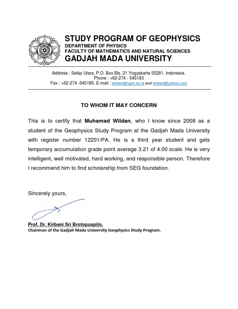 Sample Recommendation Letter of SEG Scholarship | PDF