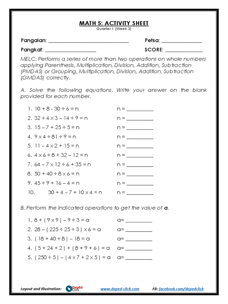 Grade 5 Matrh Activity Sheets Q1 Week 3 | PDF