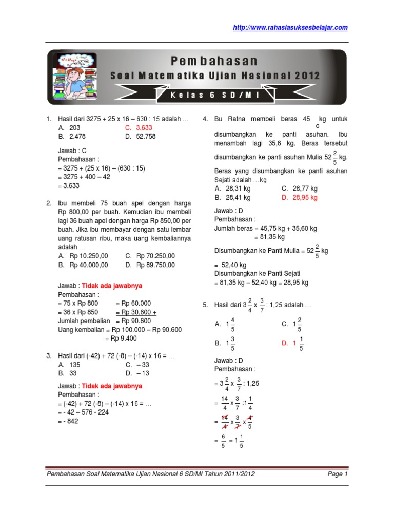 Bonus 6 Pembahasan Soal Un SD 2012 Matematika | PDF