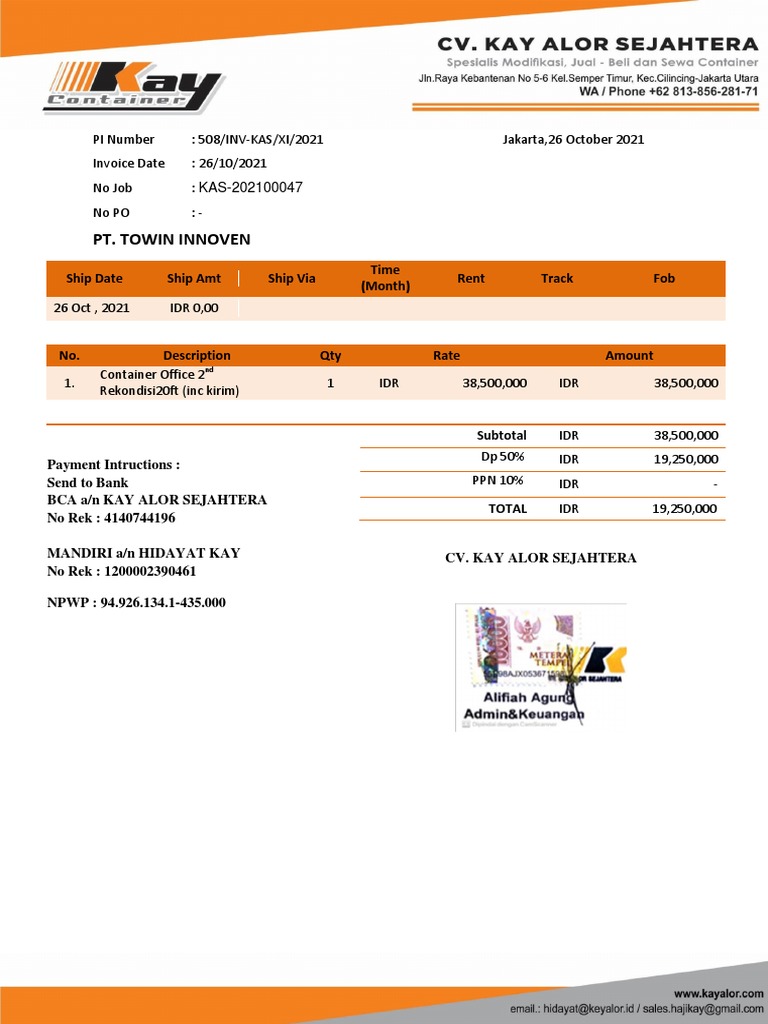 #508 Inv Container Office 1X20FT PT Towin Innoven | PDF