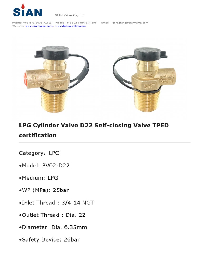 LPG Cylinder Valve D22 Self-Closing Valve TPED Certification | PDF