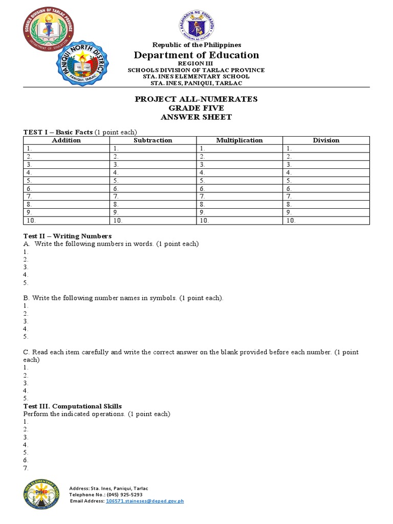 Department of Education: Project All-Numerates Grade Five Answer Sheet ...