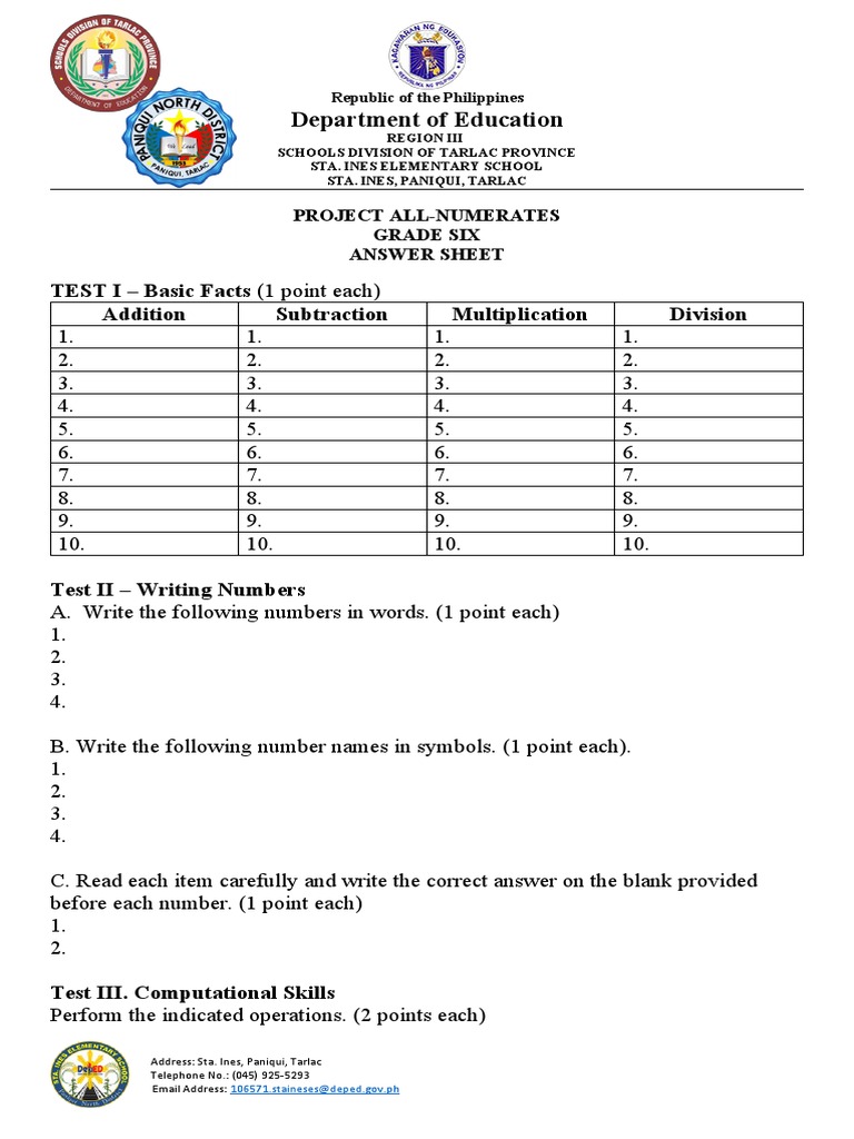 Department of Education: TEST I - Basic Facts (1 Point Each) Addition ...