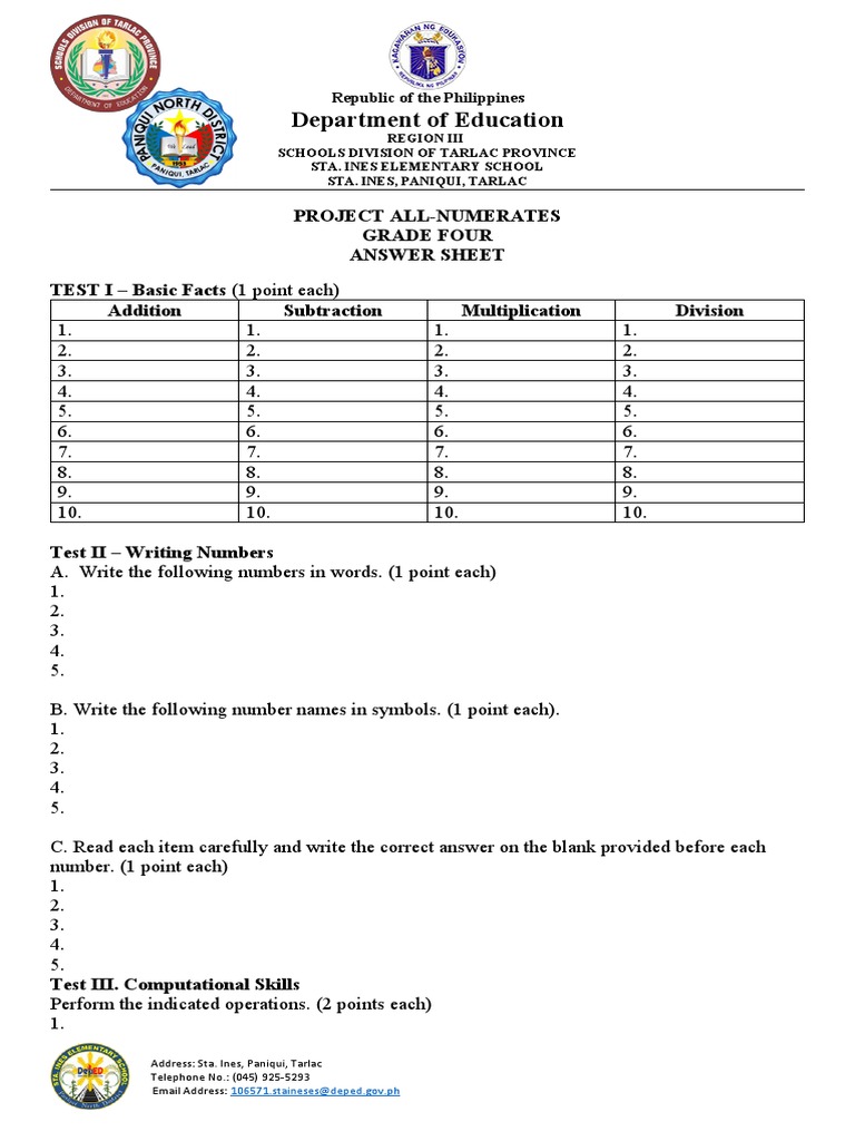 Answer Sheet Grade 4 | PDF | Mathematics