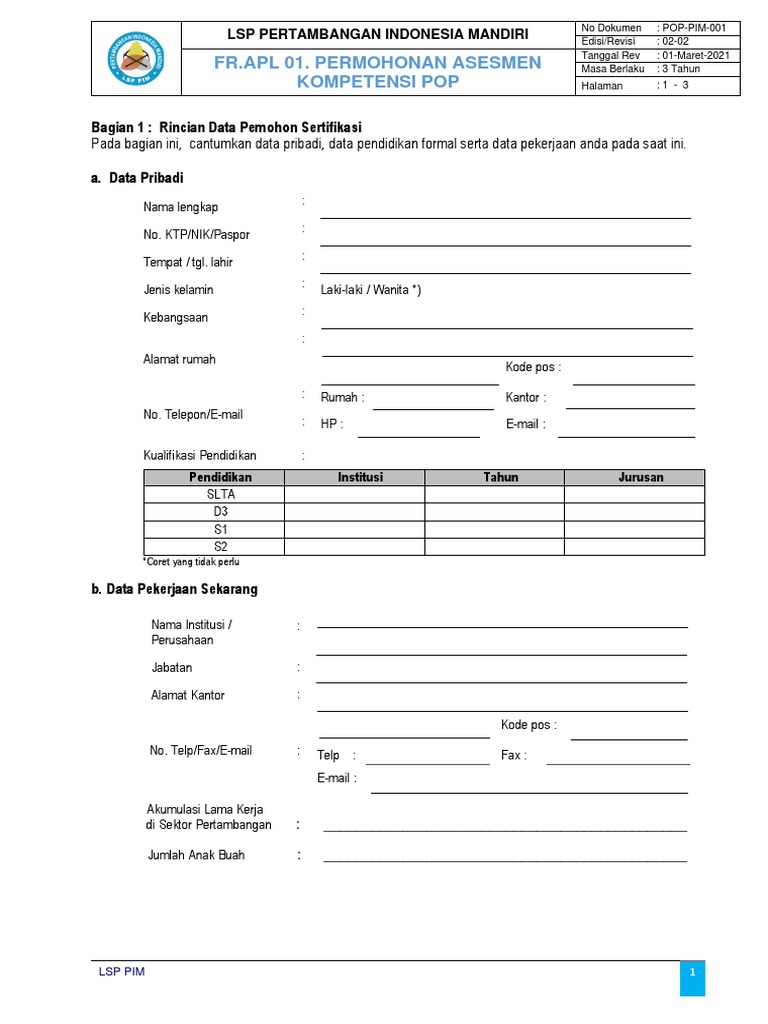 FR - APL.01 PERMOHONAN SERTIFIKASI KOMPETENSI (POP) - Rev 02 | PDF