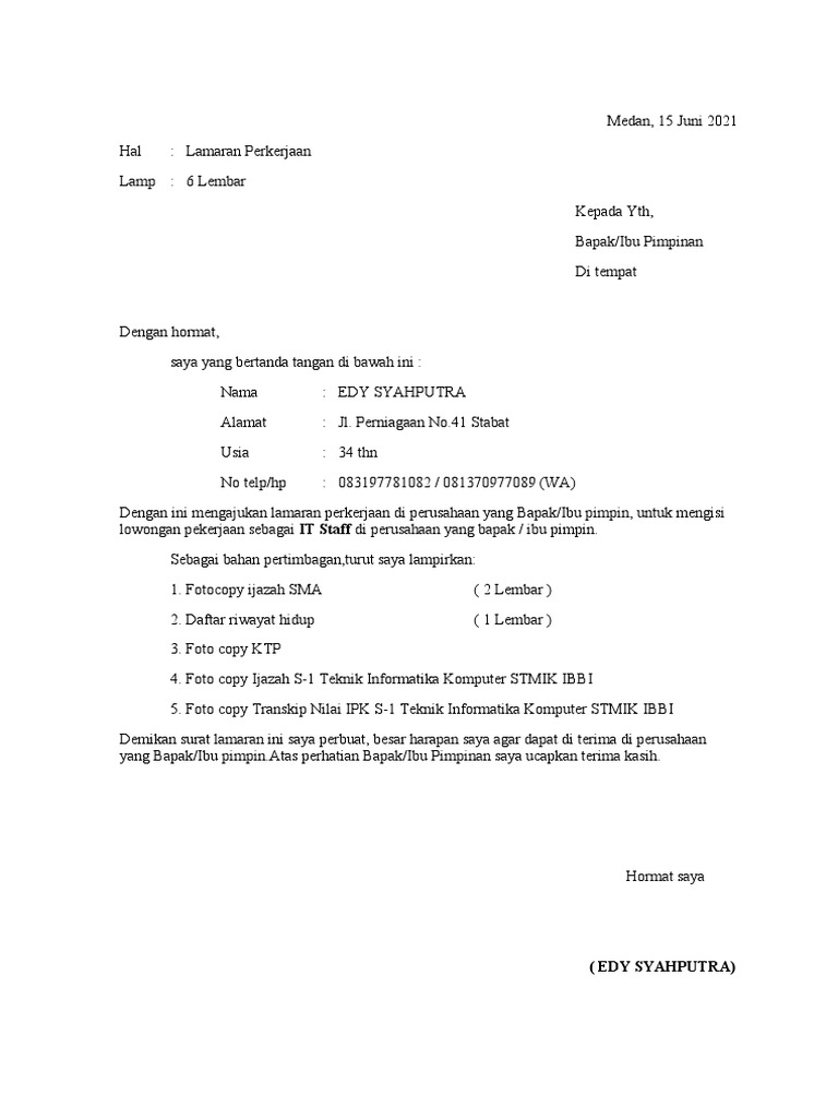 Lamaran IT Staff Edy Syahputra | PDF