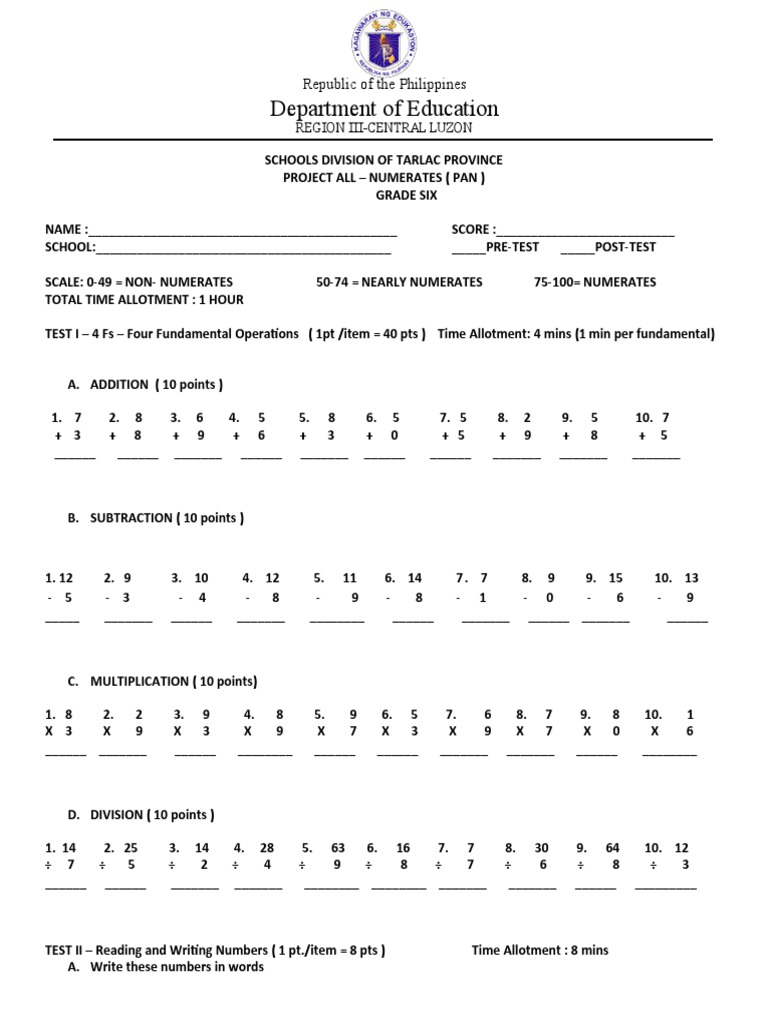 Grade-6-Pan-Assessment-Tool - Final | PDF | Mathematics