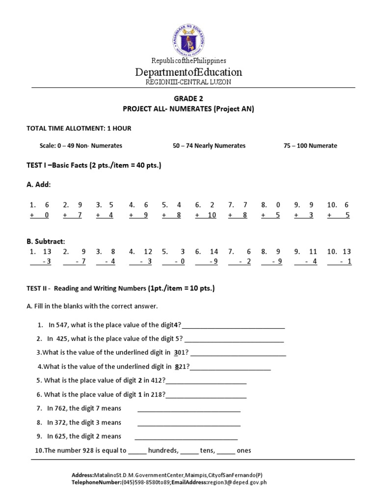 Grade 2 Numeracy Assessment Test | PDF | Cognition | Mathematics