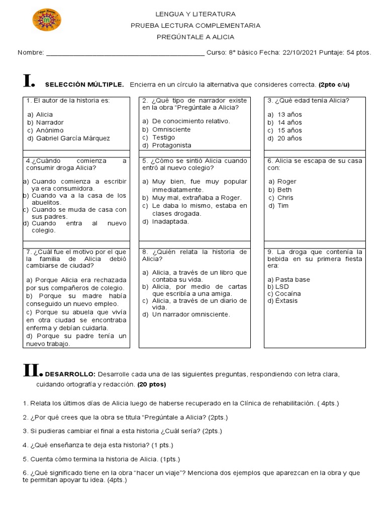 Prueba de Lectura: Pregúntale a Alicia | PDF | Dietilamida del ácido ...
