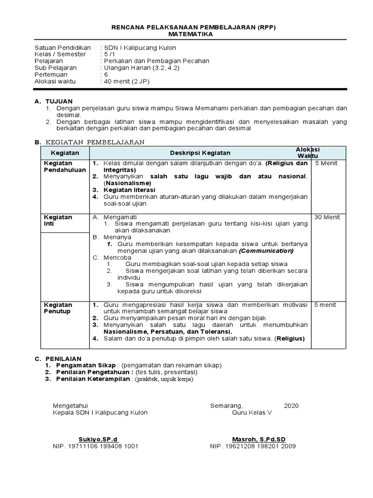 RPP 1 Lembar Ulangan Harian | PDF