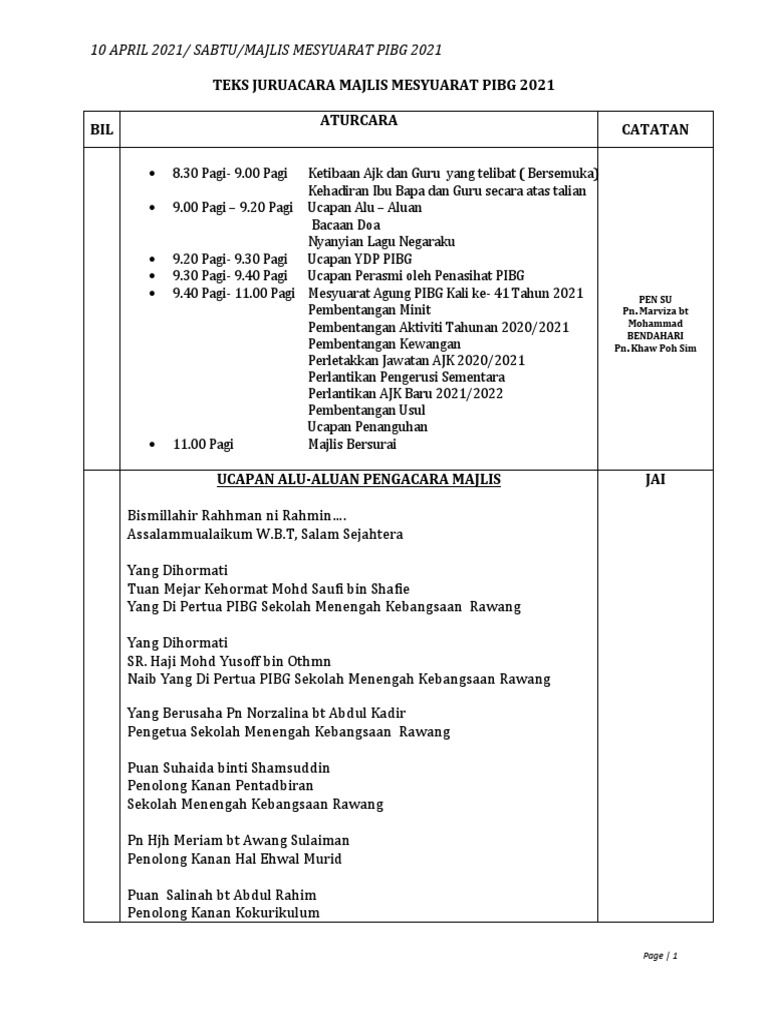 Teks Pengacara Majlis Mesyuarat Pibg 2021 | PDF