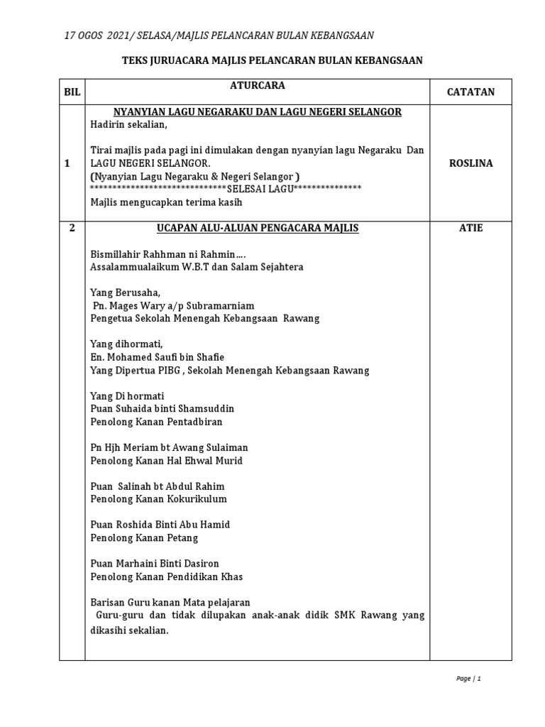 Teks Pengacara Majlis Pelancaran Bulan Kemerdekaan 2021 | PDF Teks Pengacara Majlis Pelancaran Bulan Kemerdekaan 2021 | PDF