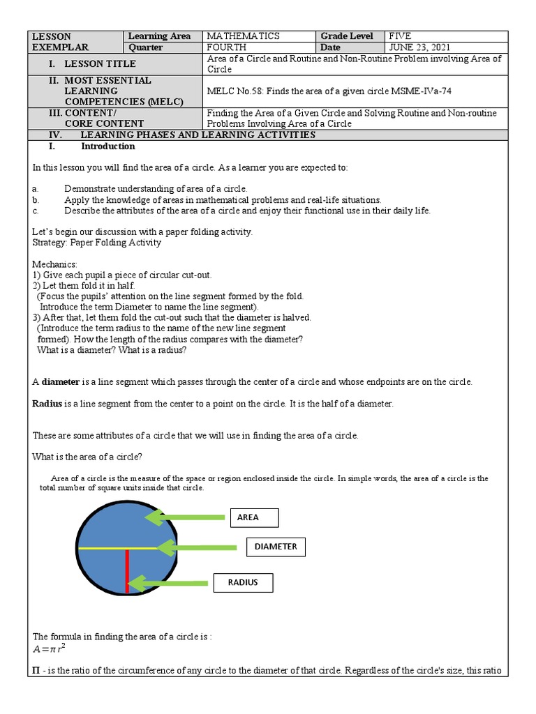 Cot 2 Math | PDF | Area | Circle