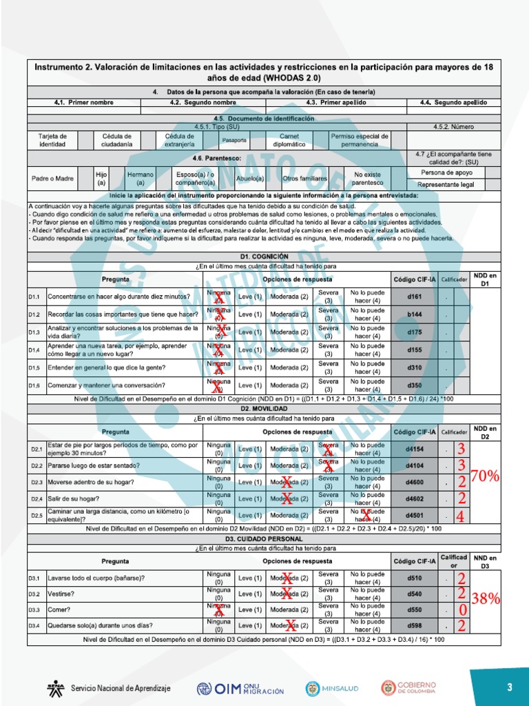 WHODAS 2.0 (Ejercicio Diligenciado) | PDF