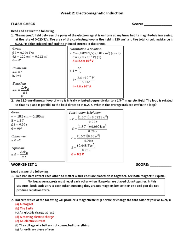 Electromagnetic Induction Worksheet | PDF | Electromagnetic Induction ...
