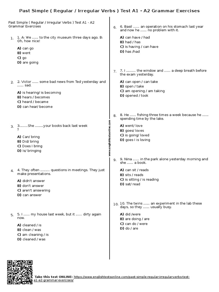 Past Simple (Regular / Irregular Verbs) Test A1 - A2 Grammar Exercises ...