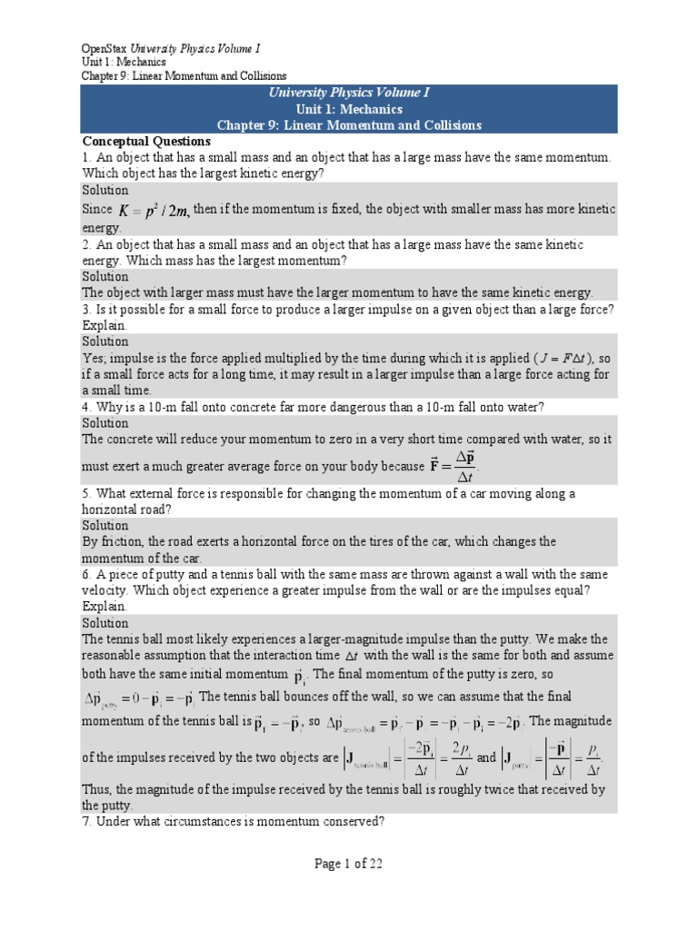 Conceptual Questions: Unit 1: Mechanics Chapter 9: Linear Momentum and ...