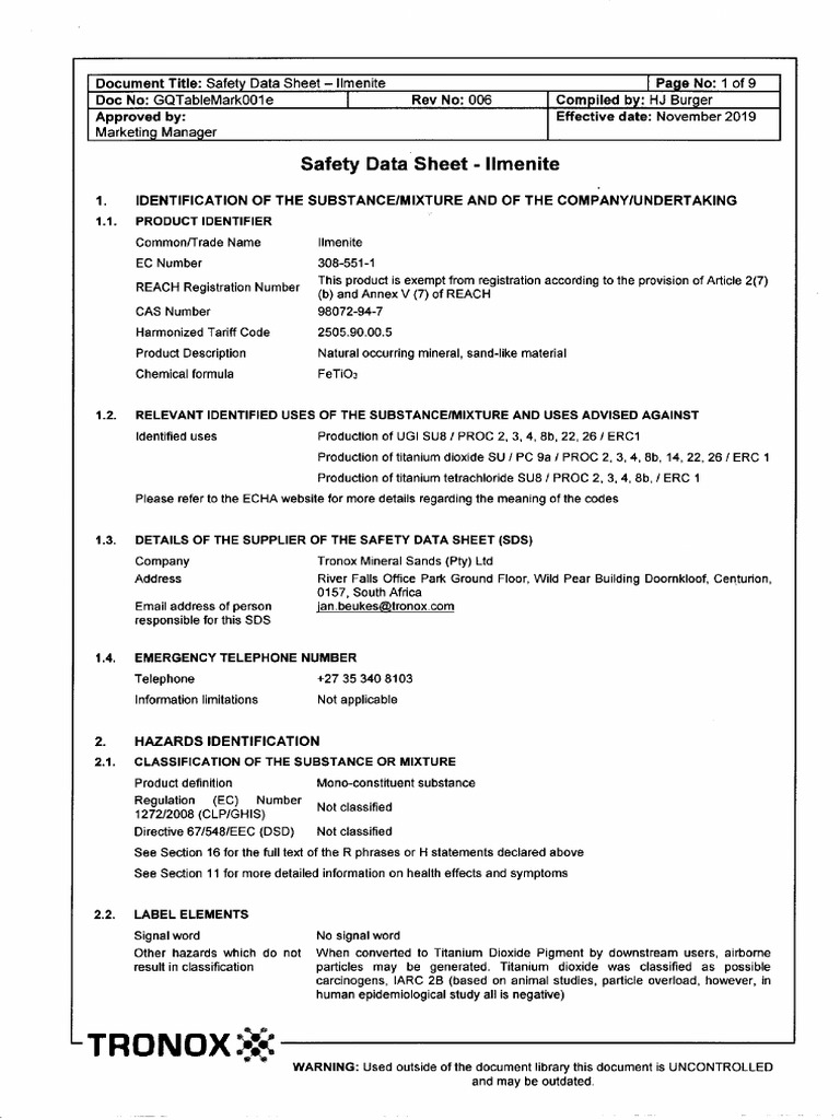 Safety Data Sheet Ilmenite | PDF