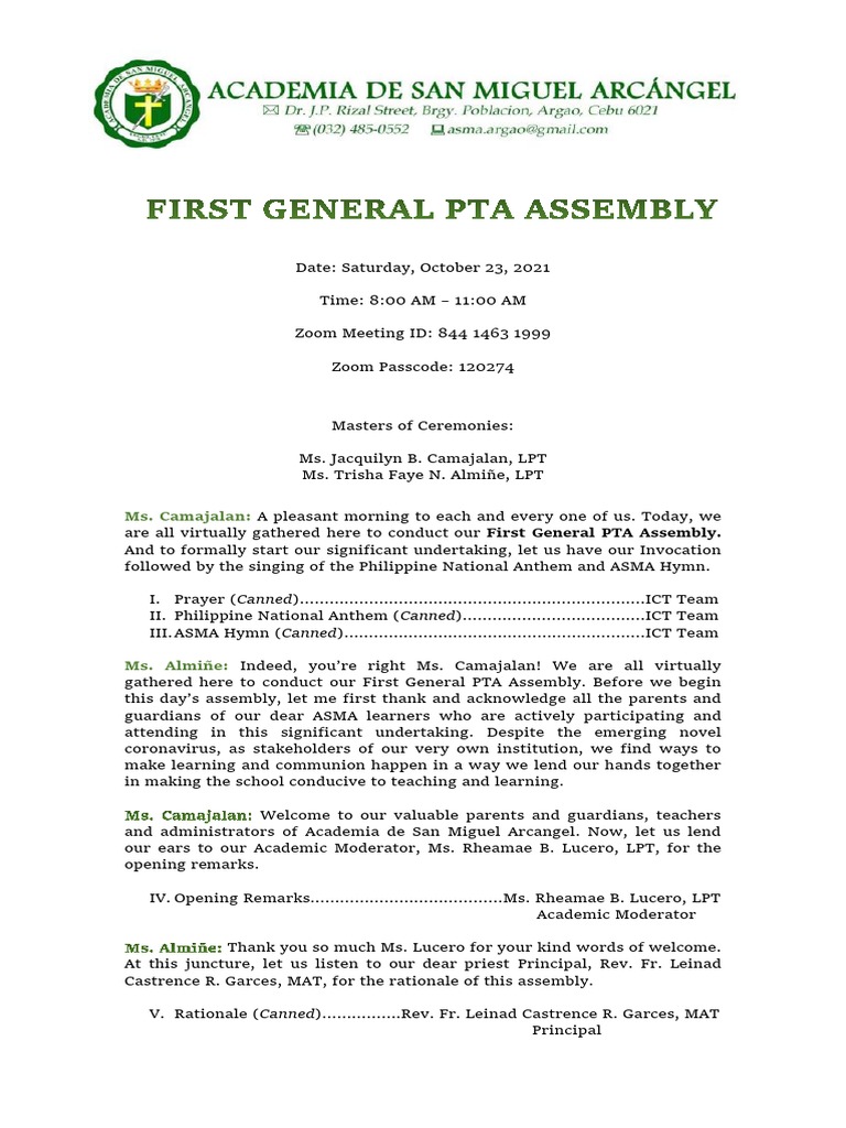 Asma First General Pta Assembly Script | PDF | Religious Behaviour And ...