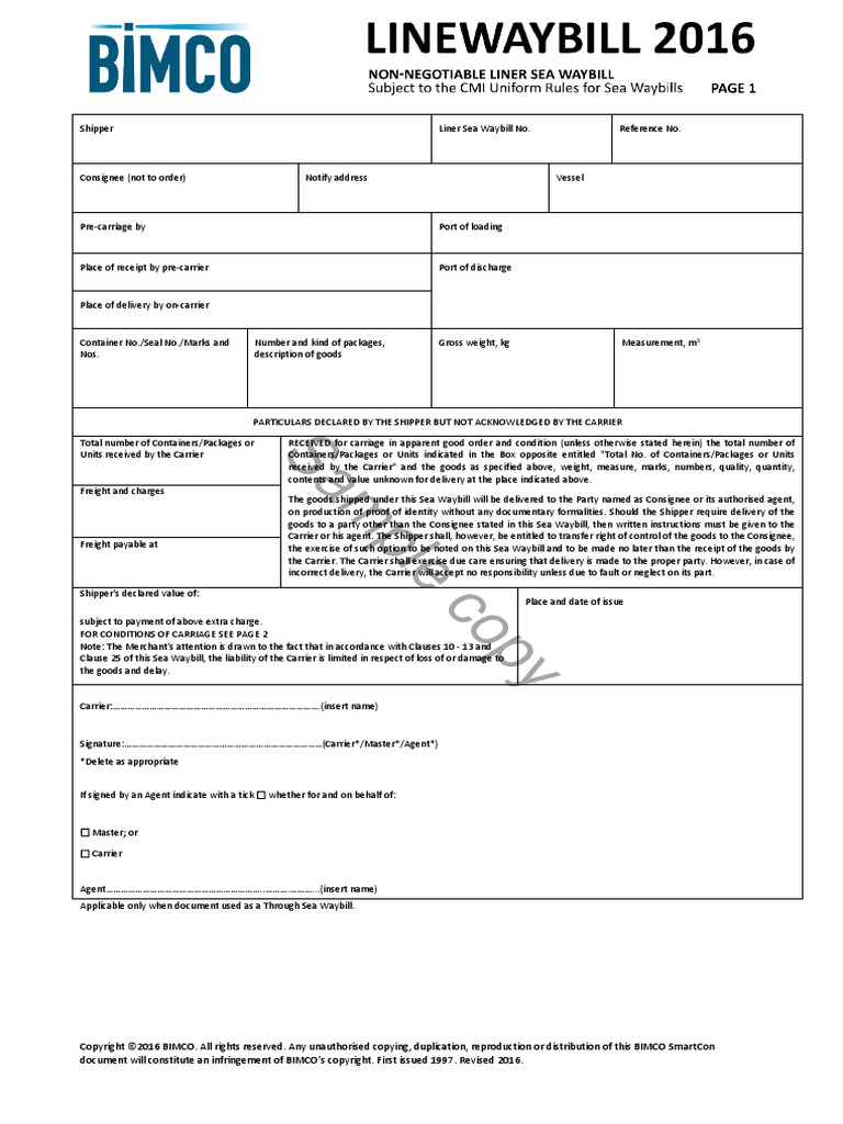 Sample Copy LINEWAYBILL 2016 | PDF | Cargo | Indemnity