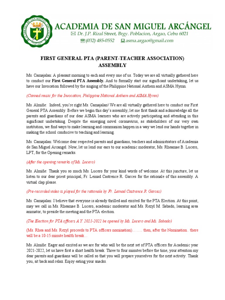 First General Pta (Parent-Teacher Association) Assembly | PDF