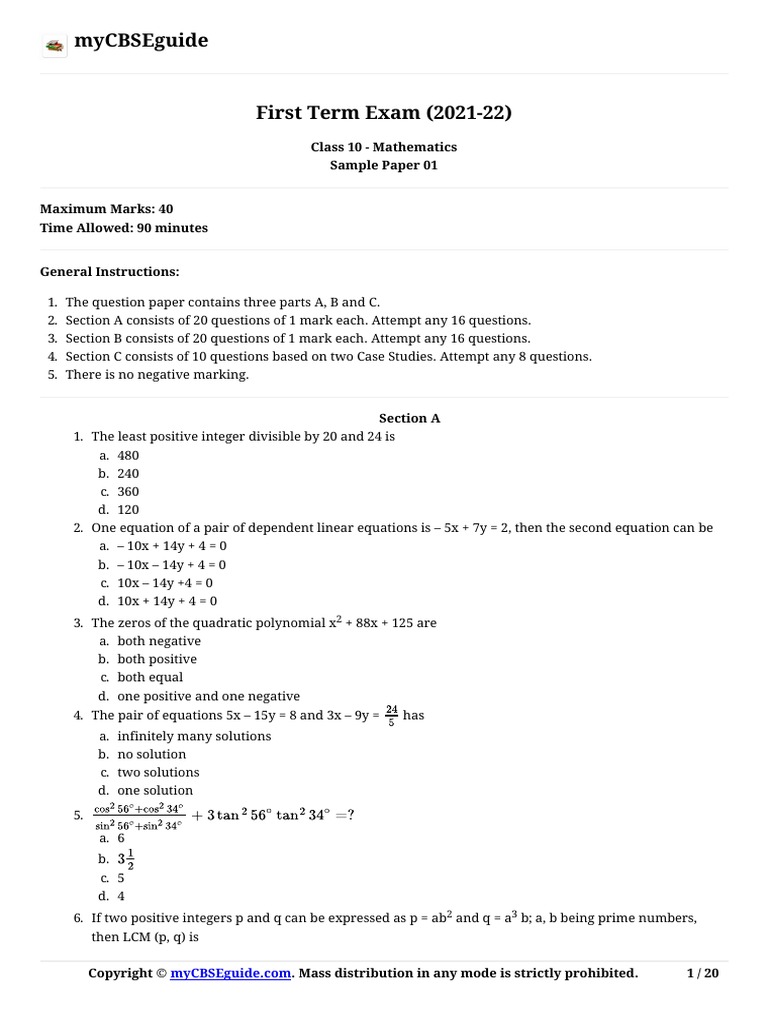 10 Maths Term1 sp01 | PDF | Numbers | Polynomial